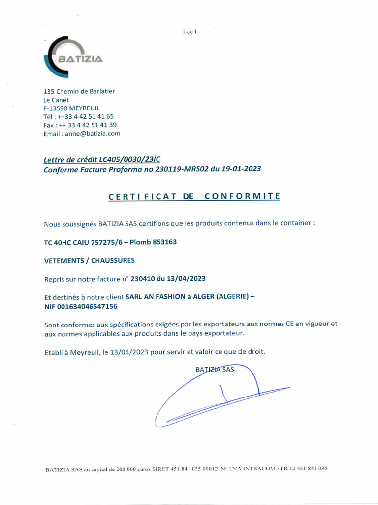 Certificat de Conformite | PDF