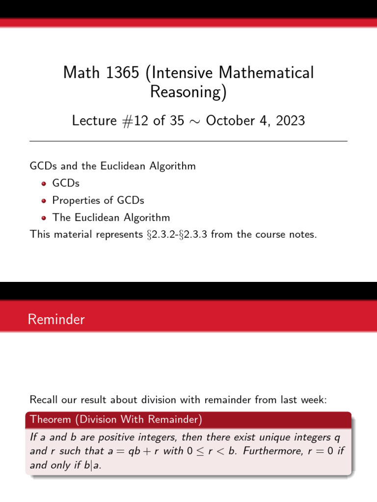 1365 Lecture 12 Gcds and Euclid | PDF | Mathematics | Number Theory