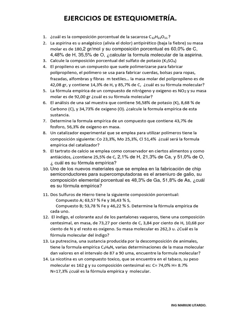 Ejercicios Estequiometricos. | PDF | Química | Sustancias químicas