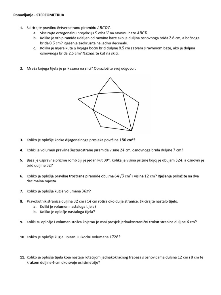 2.g Stereometrija Ponavljanje - Samo Zadaci | PDF