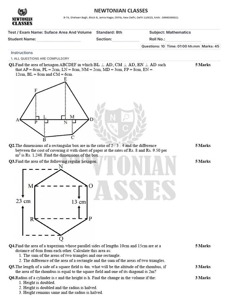 Class 8 Mensuration Test | PDF | Area | Geometry