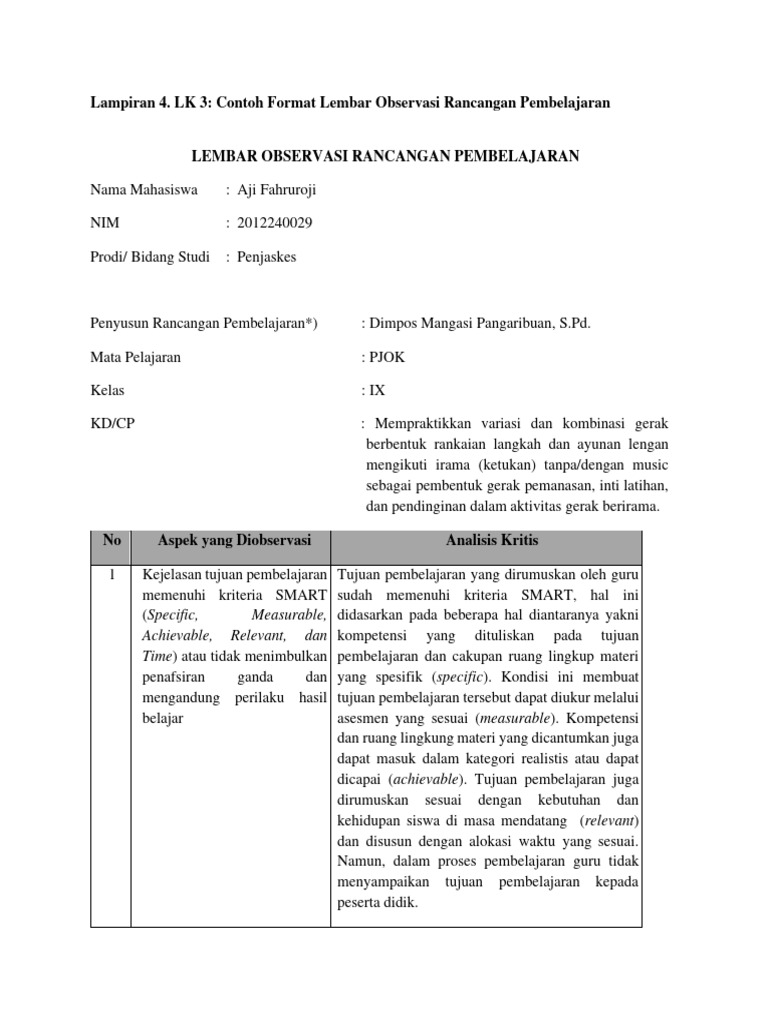 Lampiran 4. LK 3 Lembar Observasi Rancangan Pembelajaran (SIKLUS 2) | PDF