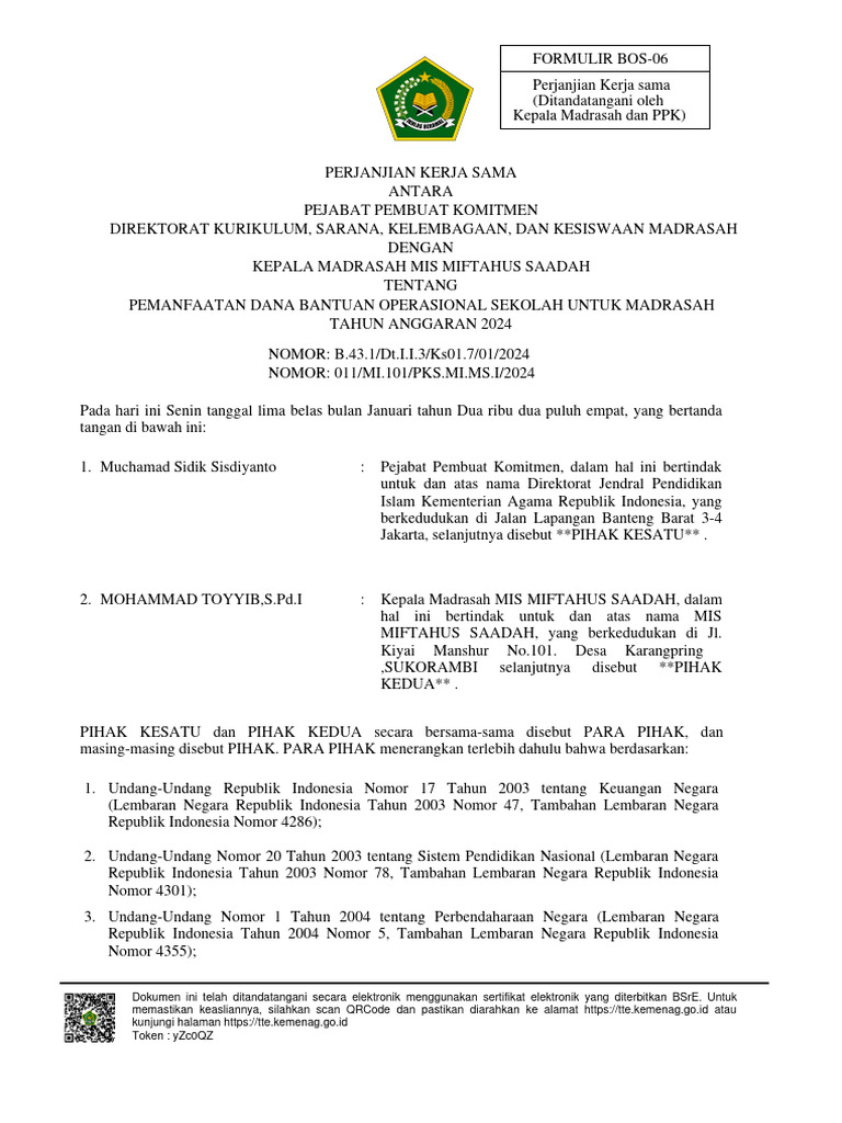 Perjanjian Kerja Sama BOS 2024 | PDF