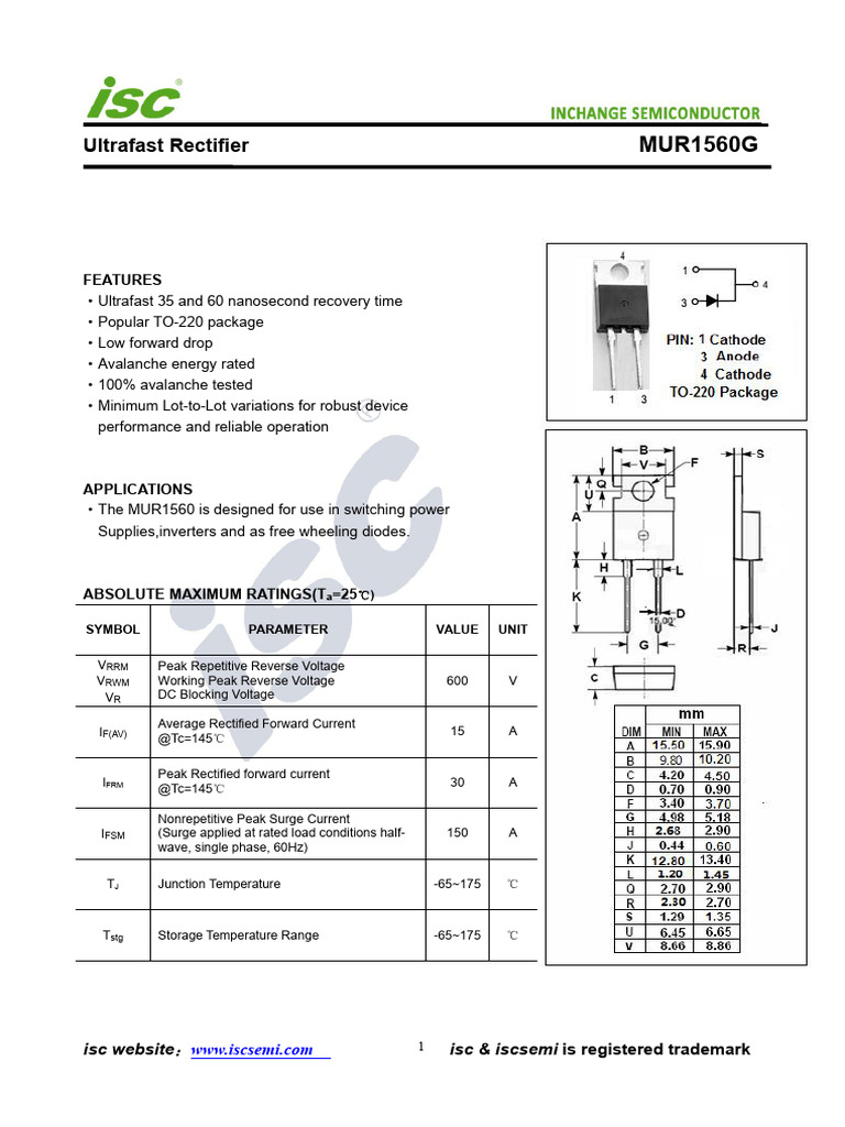 MUR1560G Ultrafast Rectifier Specs | PDF | Rectifier | Diode