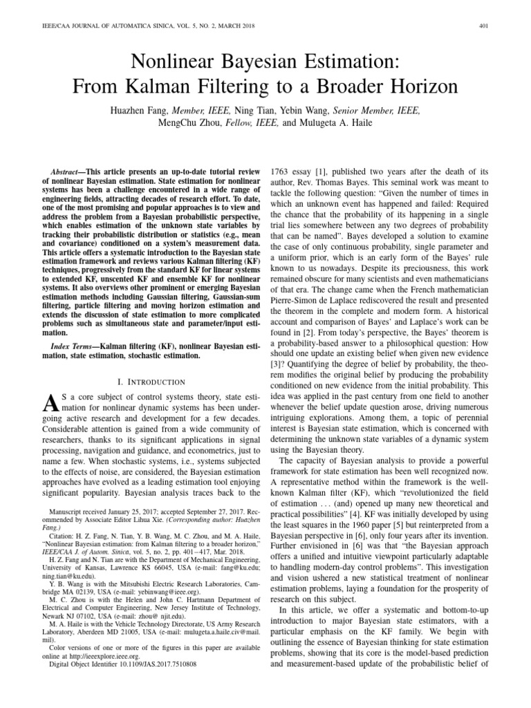 Nonlinear Bayesian Estimation From Kalman Filtering To A Broader Horizon Pdf Kalman Filter