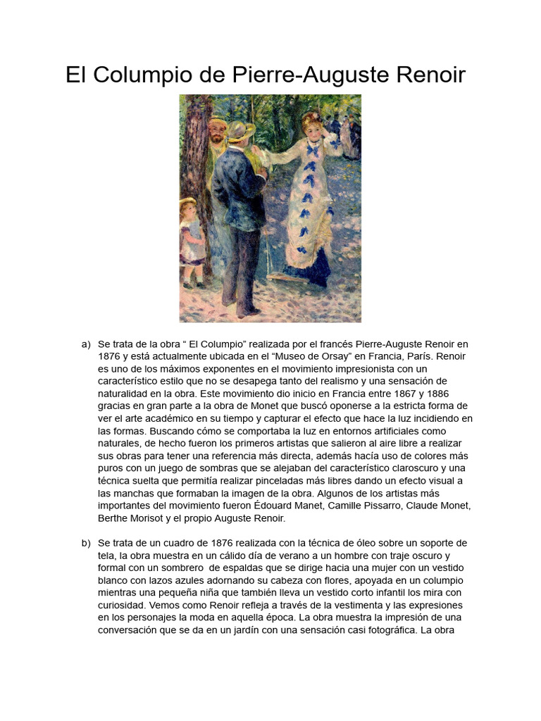 "El Columpio" de Renoir: Análisis | PDF | Pierre Auguste Renoir | Impresionismo
