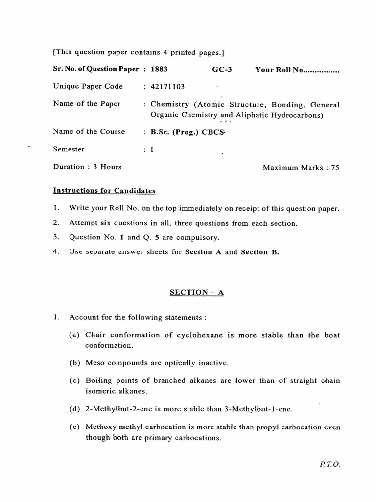 B.SC (Prog) I Cbcs Chemistry (Atomic Structure, Bonding, Generalorganic Chemistry and Aliphatic ...