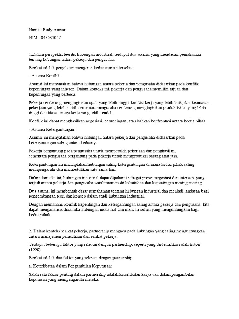 Rudy Anwar - Jawaban - Tugas - 1 - Hubungan - Industrial | PDF | Karier & Perkembangan | Bisnis