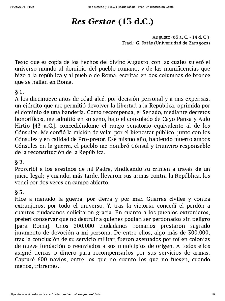Res Gestae (13 D.C.) - Idade Média - Prof. Dr. Ricardo Da Costa | PDF | Augusto | Roma antigua