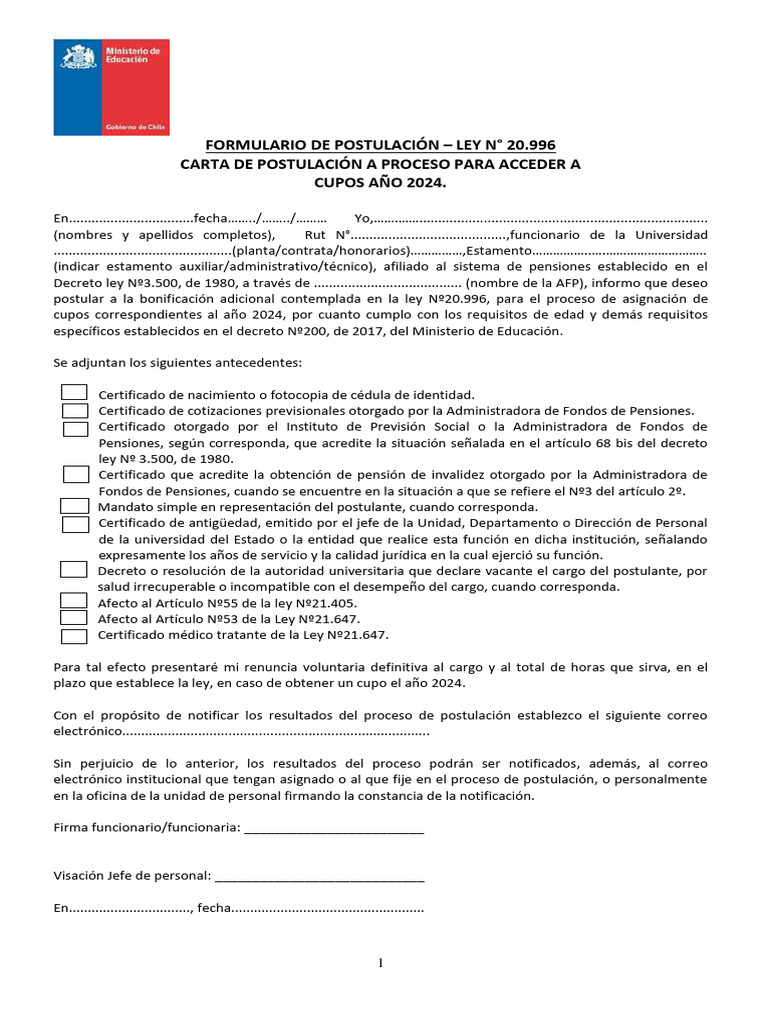 Formulario de Postulación Ley N 20.996 2024 | PDF | Pensión | Gobierno