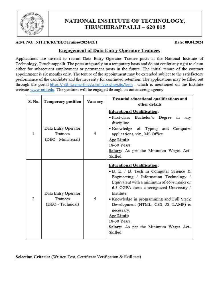 Advt DEO Trainees 2024 v2 | PDF | Employment | Recruitment