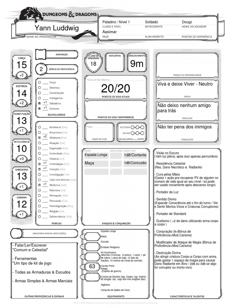 Ficha de Personagem: Paladino Aasimar | PDF