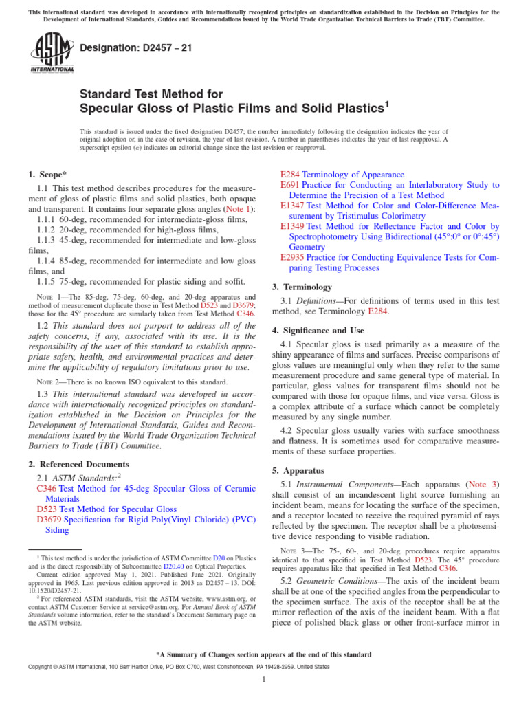 Standard Test Method For Specular Gloss of Plastic Films and Solid ...