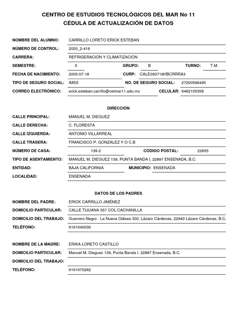 Centro de Estudios Tecnológicos Del Mar No 11 Cédula de Actualización de Datos | PDF
