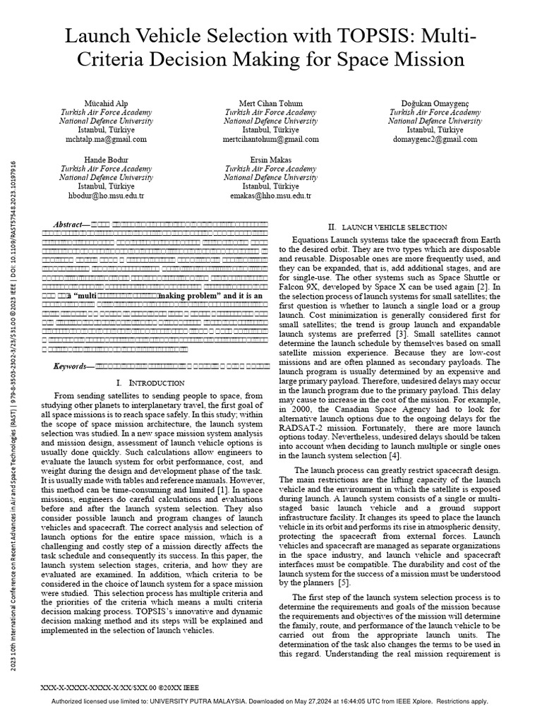 Launch Vehicle Selection With Topsis Multi Criteria Decision Making For Space Mission Pdf