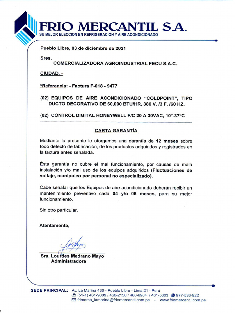 Carta Garantia Aire Acondicionado Fecu Sac | PDF