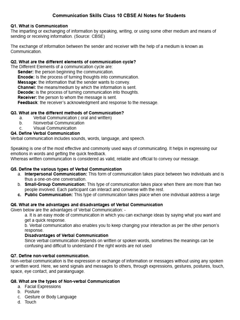 CH 1 - Communication Skills Class 10 Student Notes | PDF ...