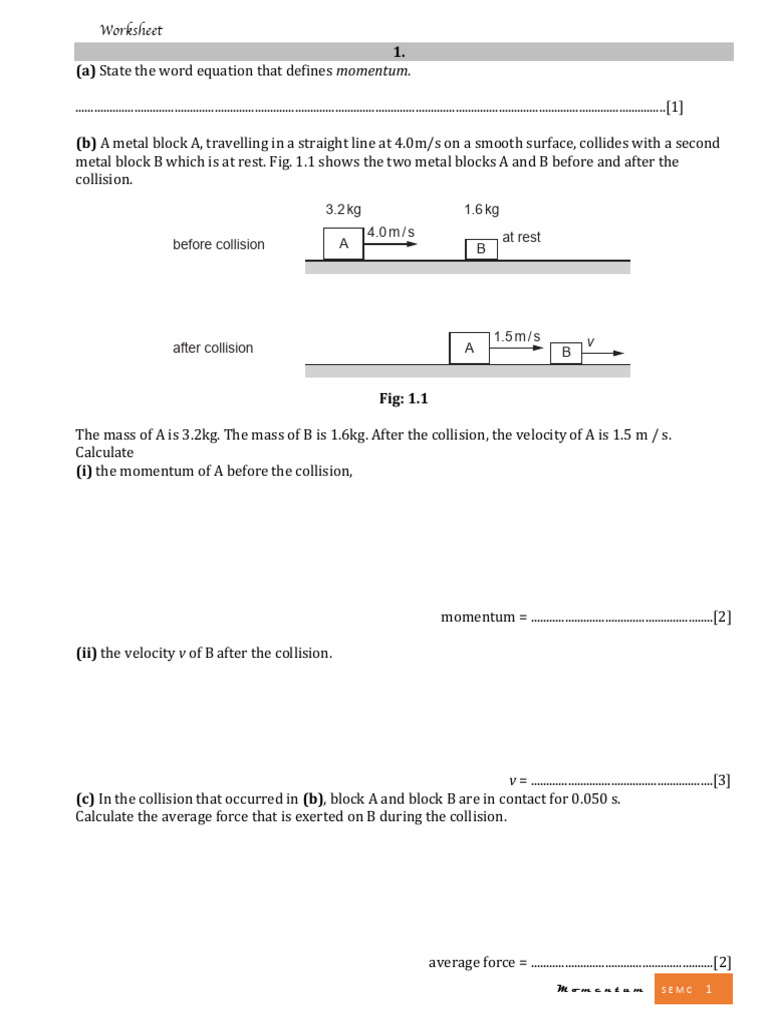 Momentum Calculation Worksheet | PDF | Momentum | Force