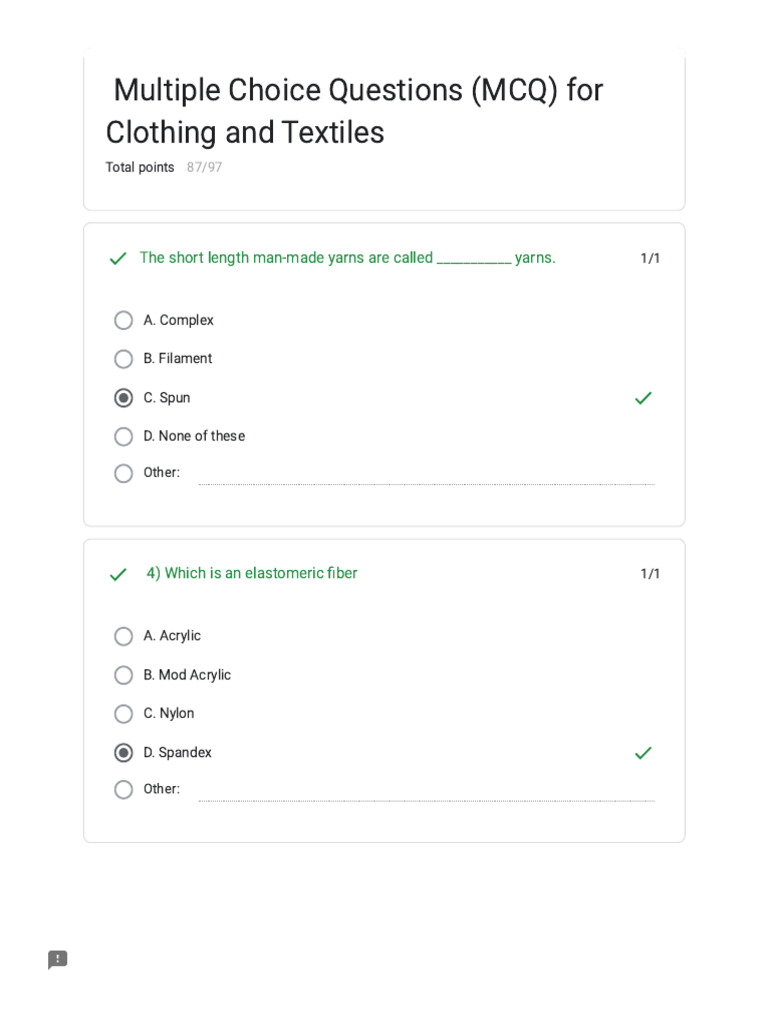 Multiple Choice Questions (MCQ) For Clothing and Textiles | PDF | Textiles | Fibers