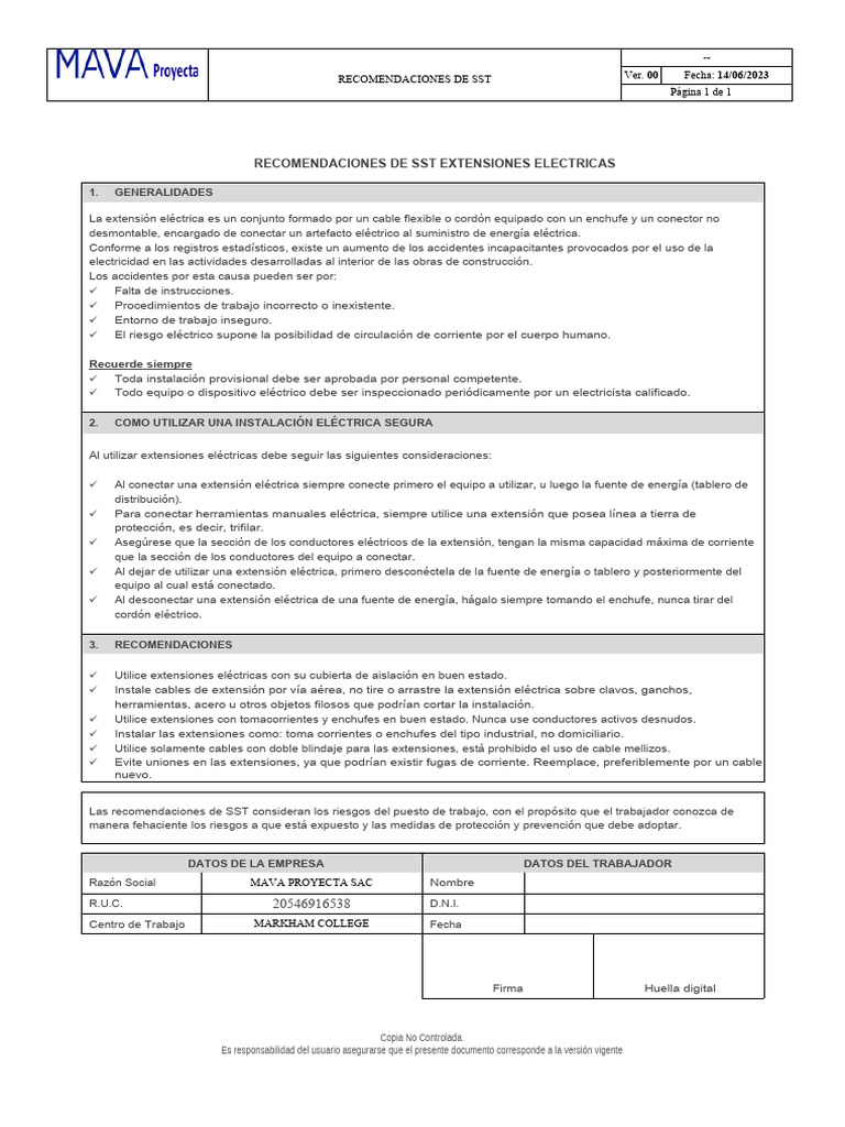 Recomendaciones de SST Extensiones Electricas - Docx Ver.01 | PDF | Enchufes y tomas de ...