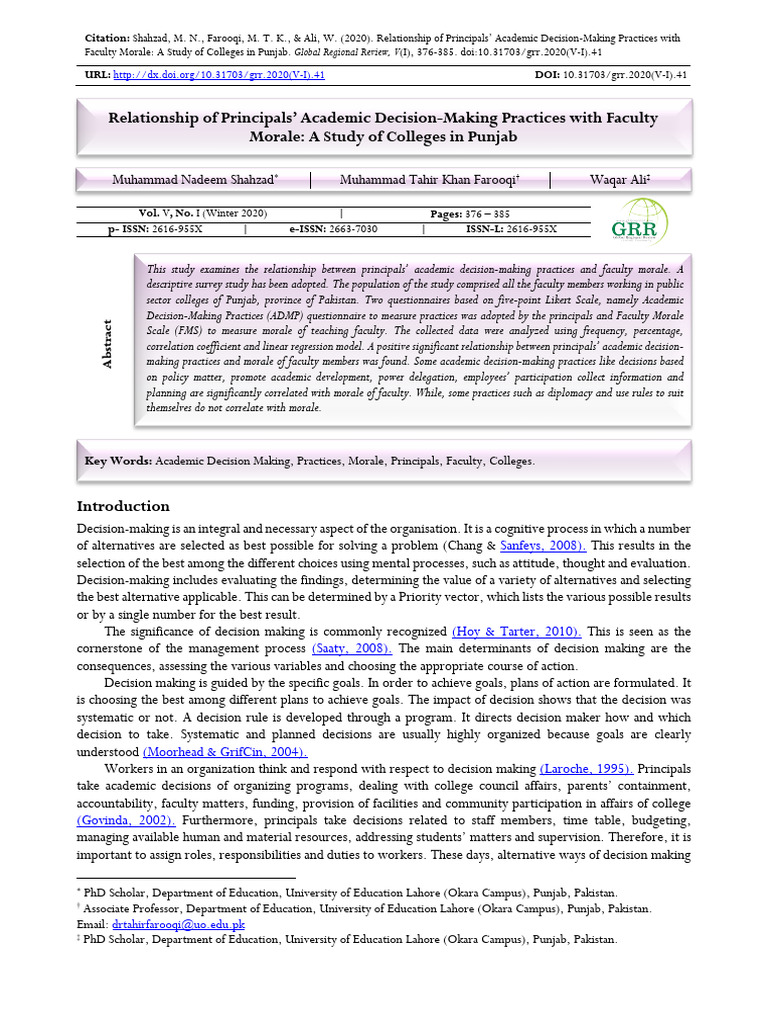 Relationship of Principals' Academic Decision Making Practices With Faculty Morale | Download ...