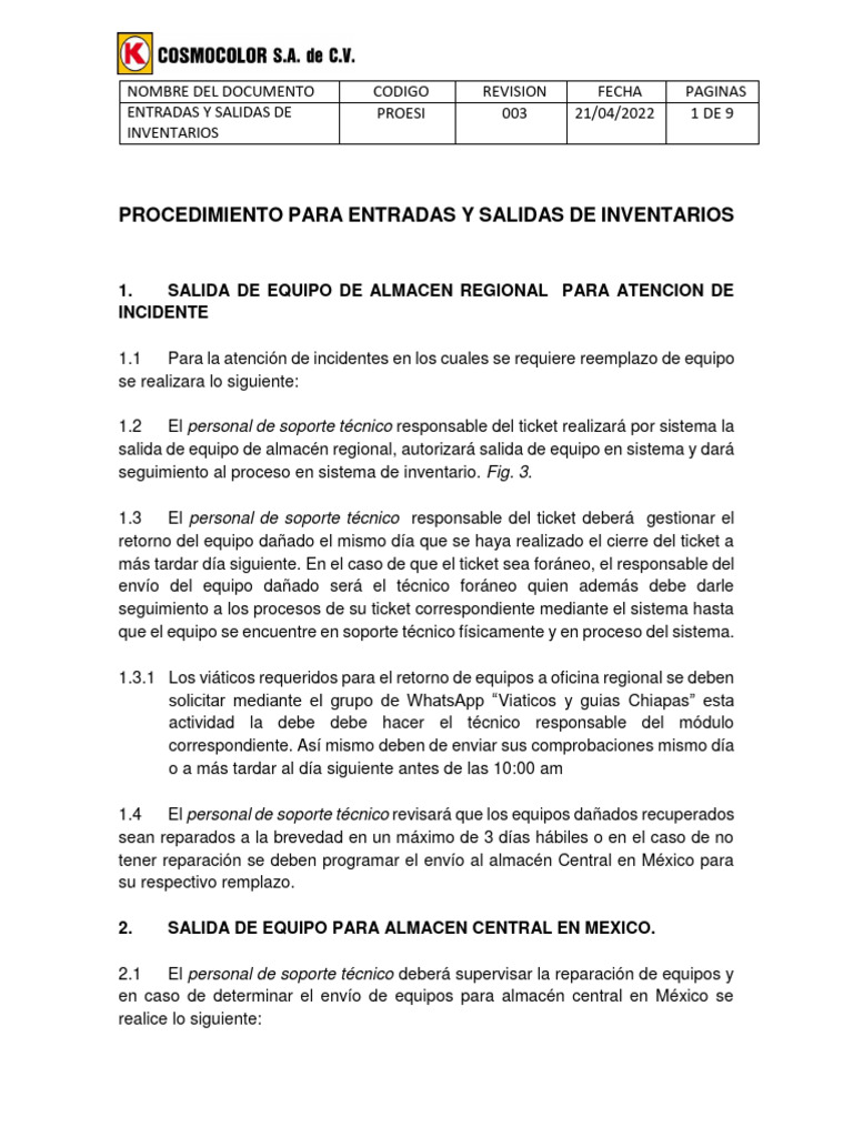 Proesi003 - Procedimiento para Almacen Regional | PDF | Soporte técnico ...