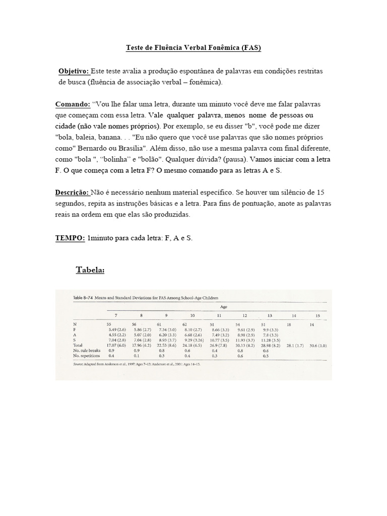 Teste de Fluência Verbal Fonêmica FAS | PDF