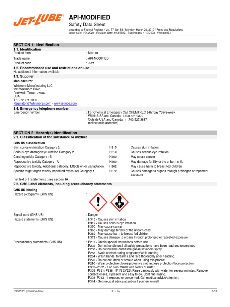 Api-Modified SDS Us en | PDF | Dangerous Goods | Toxicity