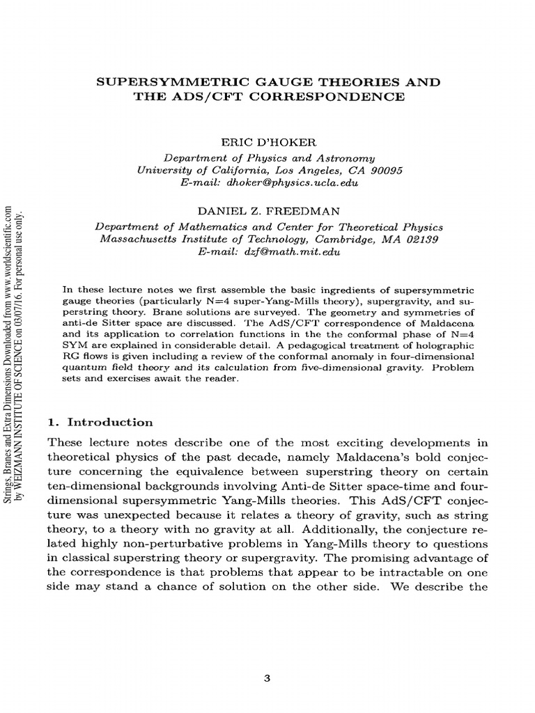 Supersymmetric Gauge Theories and The Ads/Cft Correspondence | PDF | String Theory | Scientific ...