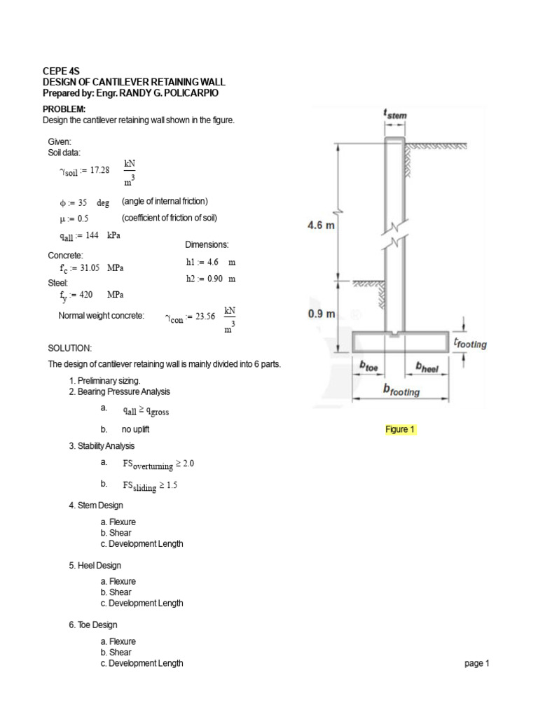 Problem - Cantilever Retaining Wall | PDF | Foundation (Engineering) | Civil Engineering