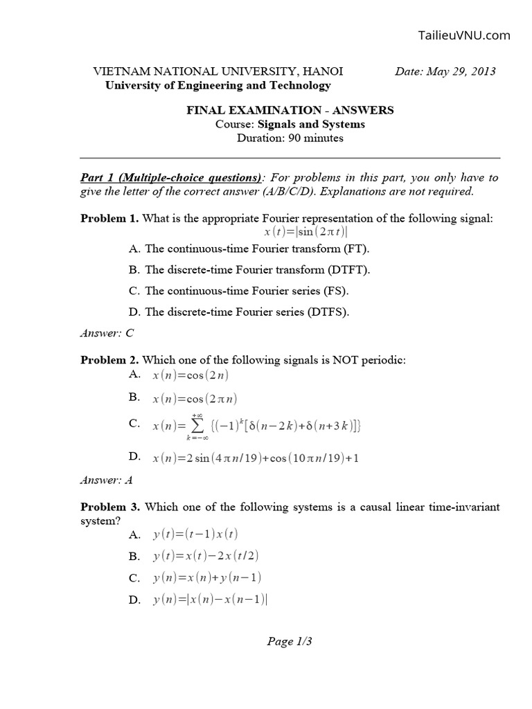 Đáp án Tín hiệu và hệ thống kì 2 | PDF | Signal Processing | Functions And Mappings