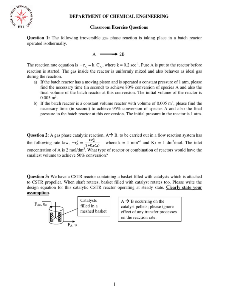 Classroom Exercise Problems | PDF | Chemical Reactor | Reaction Rate