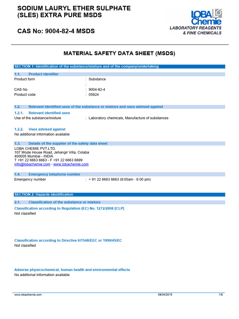 Material Safety Data Sheet (MSDS) : SECTION 1: Identification of The Substance/mixture and of ...