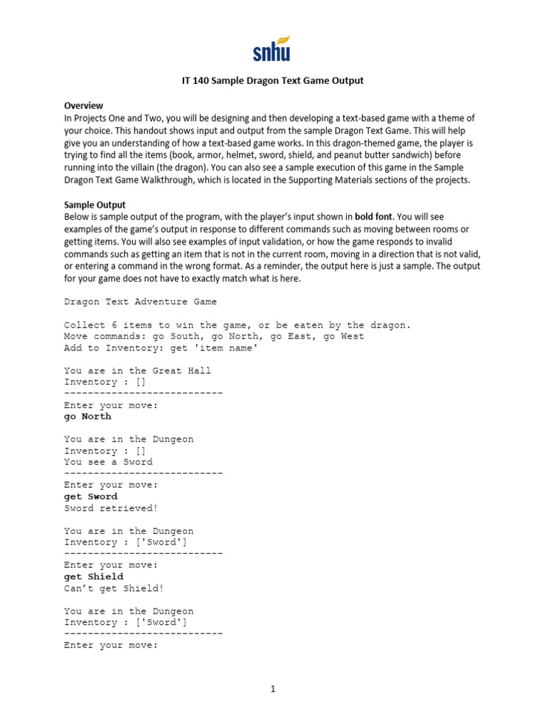IT 140 Sample Dragon Text Game Output | PDF