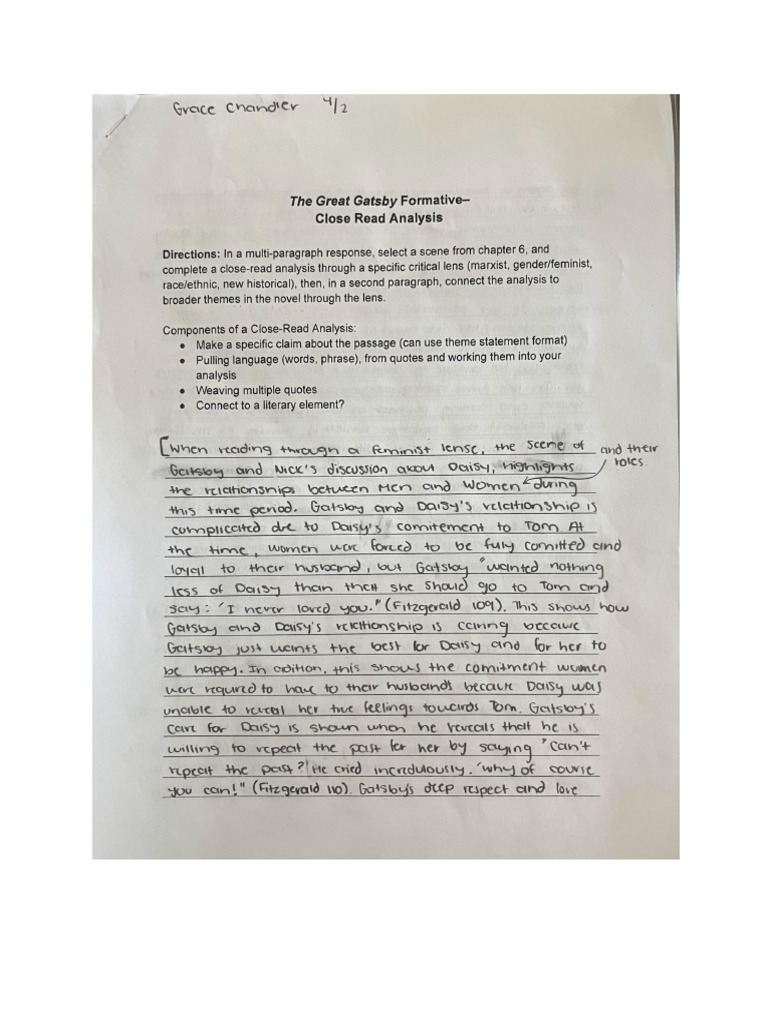 The Great Gatsby Formative Close Read | PDF