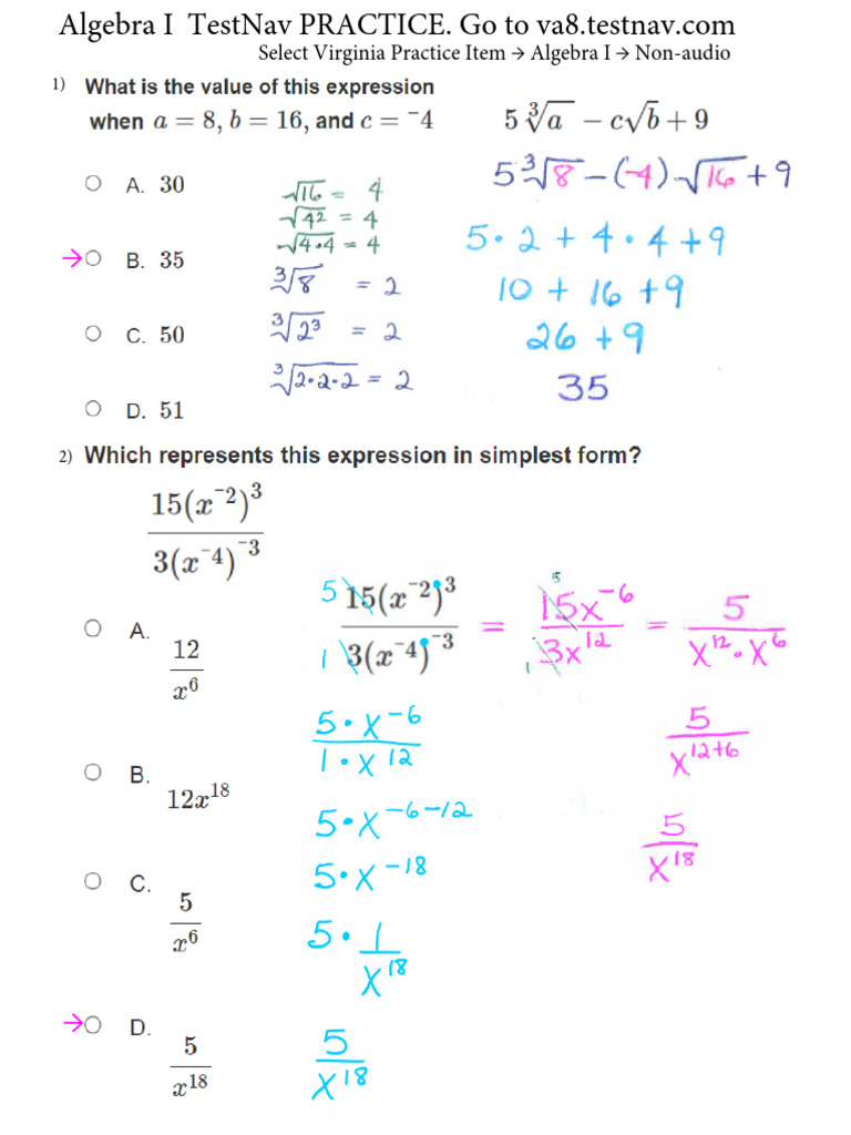 KEY - TestNav Practice (Algebra I SOL 2016) With Detail - 23-24 | PDF ...