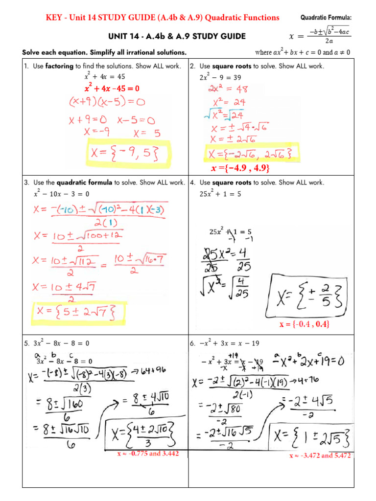 Unit 14 - A.4b & A.9 Study Guide - KEY | PDF | Quadratic Equation ...