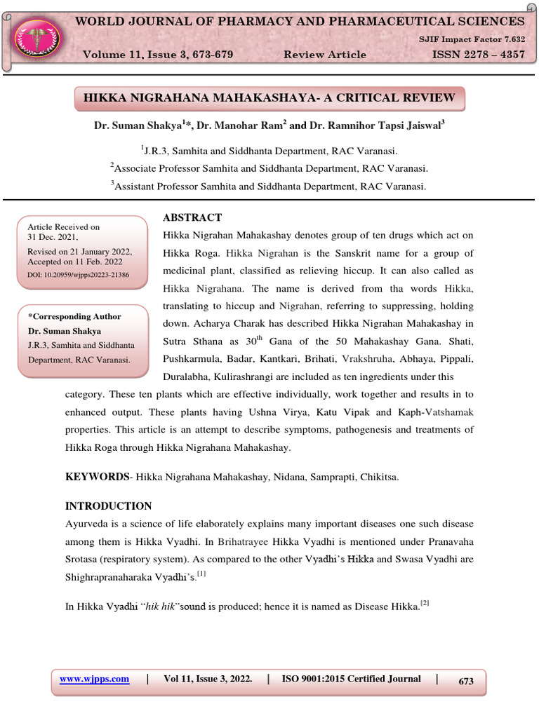 Hikka Nigrahana Mahakashaya-A Critical Review: Dr. Suman Shakya Dr ...