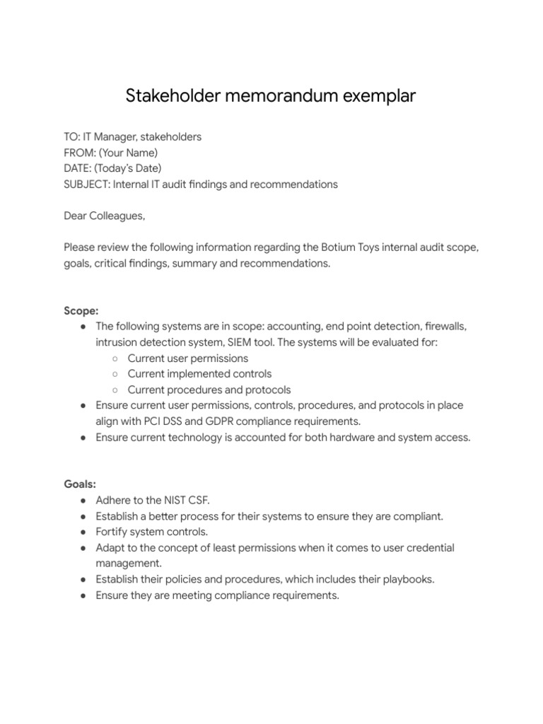 Stakeholder Memorandum Exemplar | PDF | Security Engineering | Computer Science