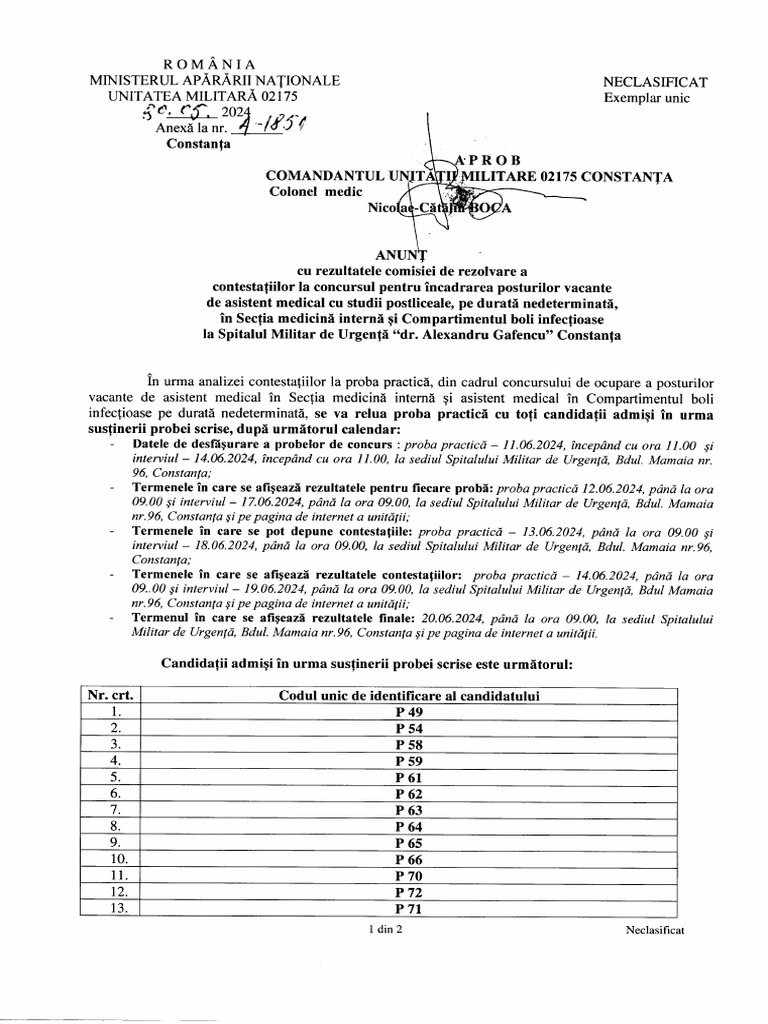 Anunt Cu Rezultate Contestatii Conscurs Asistent Medical Sectia ...