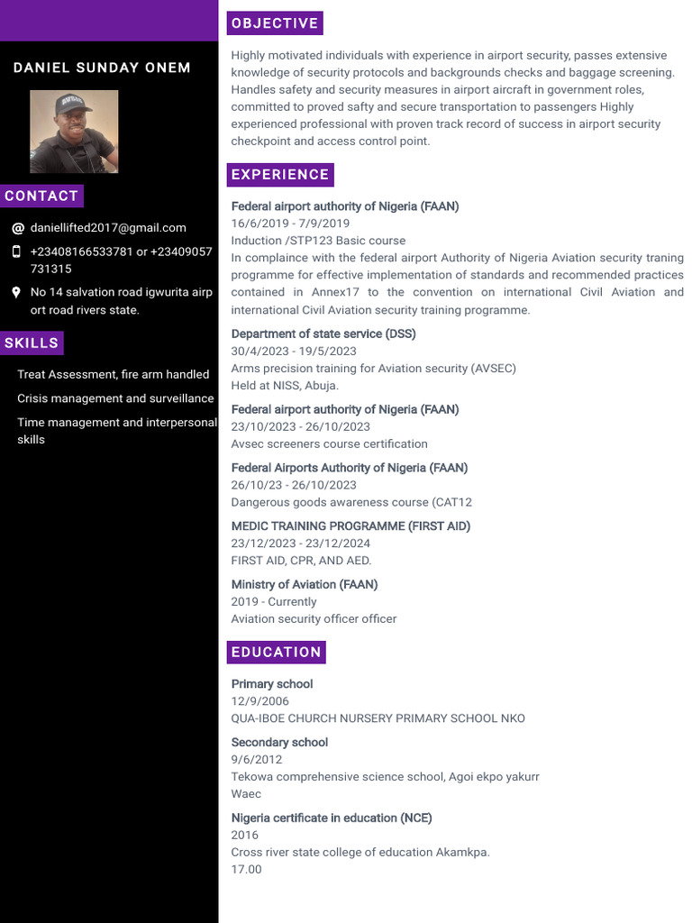 Daniel Sunday Onem CV | PDF | Airport Security | Airport