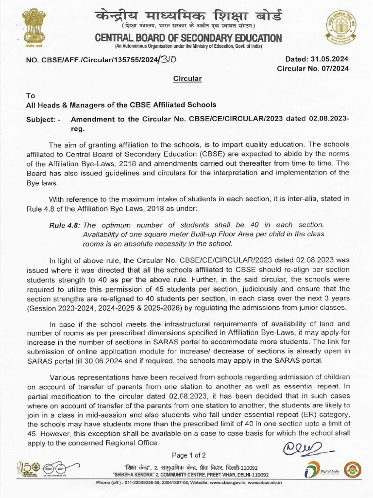 Cbse Affiliation Circular No. 07 Dated 31.05.2024 | PDF