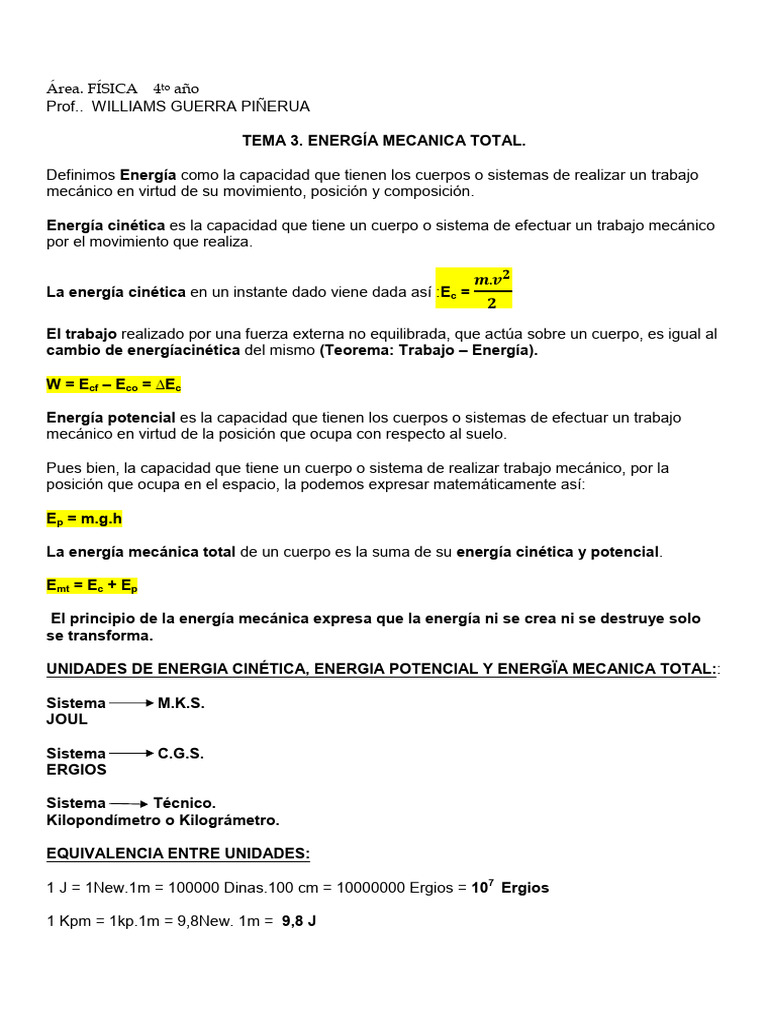 Tema 3. Energía Cinetica, Energía Potencial, Energía Mecanica Total ...