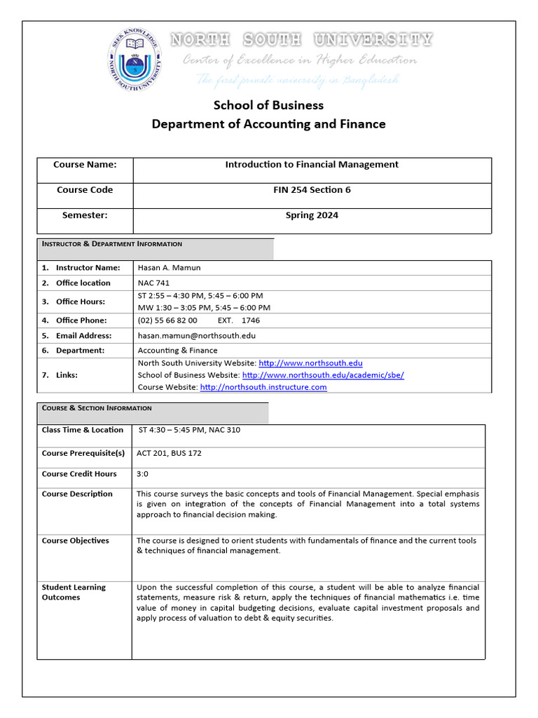 254 - HMU - FIN - NSU Course - Outline | PDF | Valuation (Finance ...