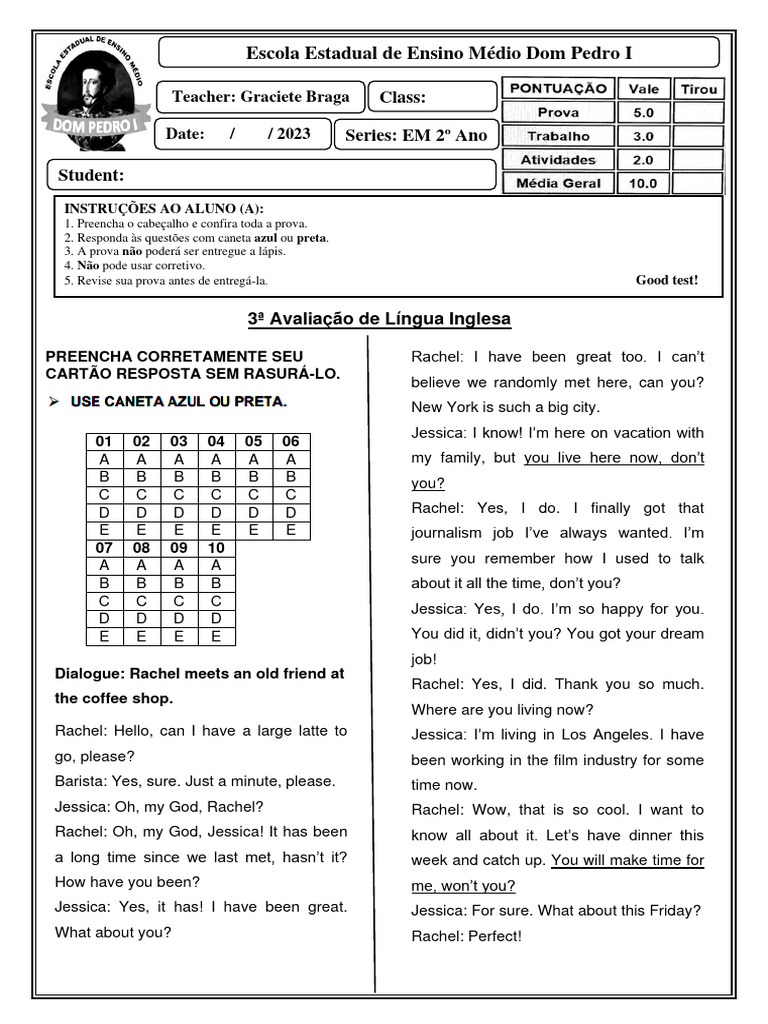 3 Aval. de English 2ºano Dom Pedro 2023 | PDF