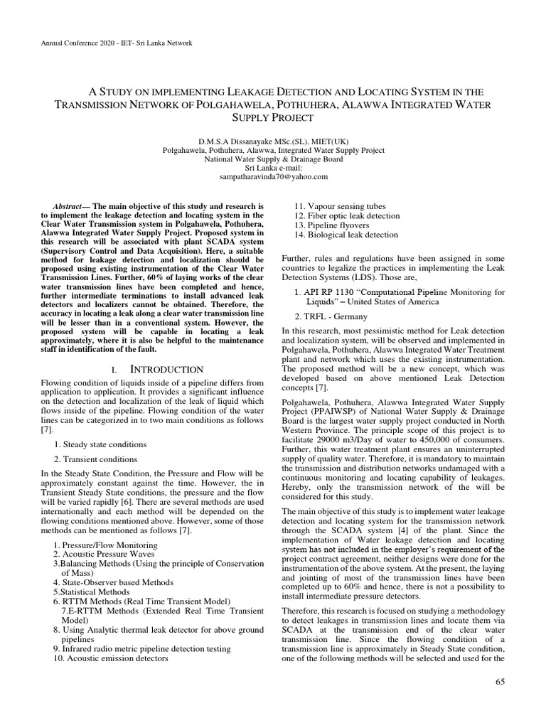 A Study On Implementing Leakage Detection and Locating System in The Transmission Network of ...