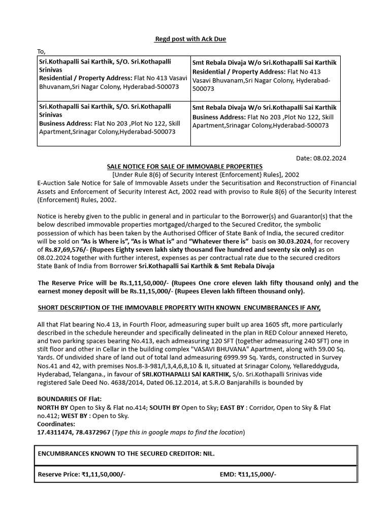 E-Auction Sale Notice: Hyderabad Property | PDF | Security Interest ...