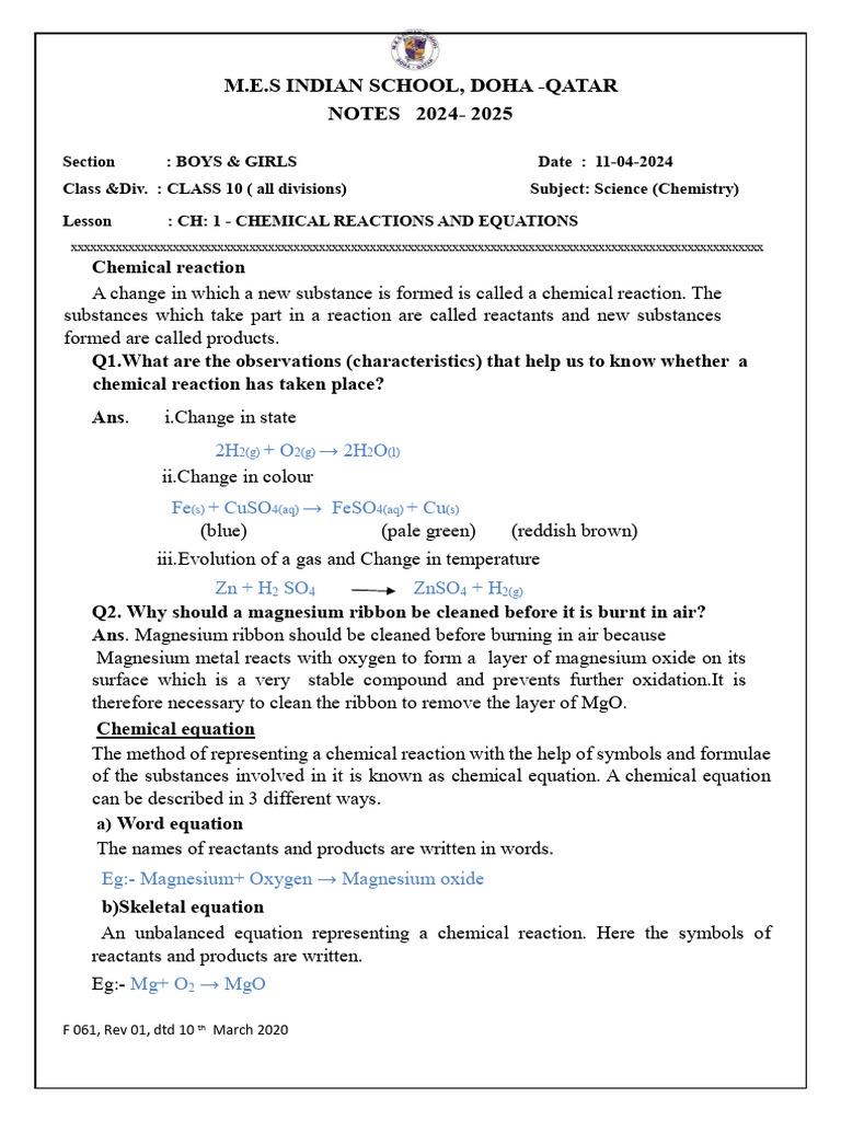 Class 10 Science: Chemical Reactions Guide | PDF | Redox | Chemical ...