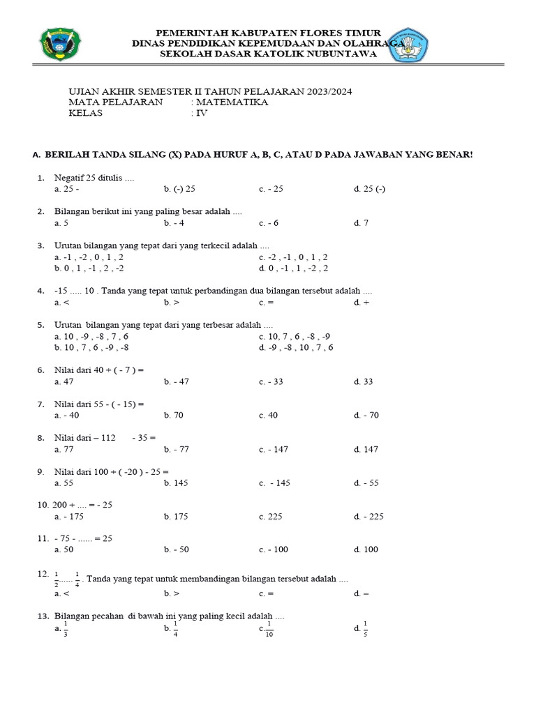 Soal UAS Matematika Kelas 4 SD Semester 2 Dan Kunci Jawaban Salinan | PDF