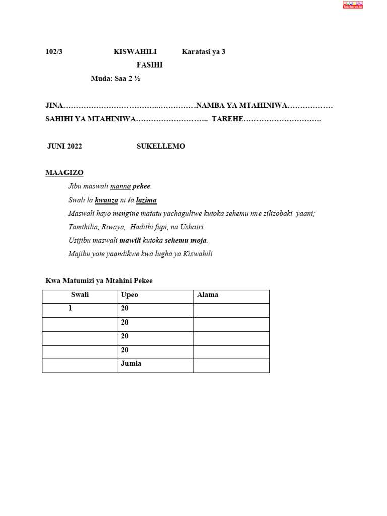 SUKELLIMO KISW PP3 QNS Teacher - Co - Ke | PDF